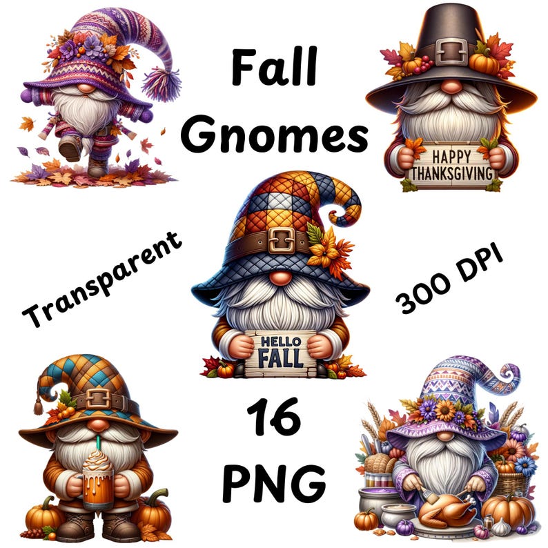 Fall Gnomes Clipart Bundle, 16 PNG Autumn Clipart, Pumpkin Spice Gnomes ...