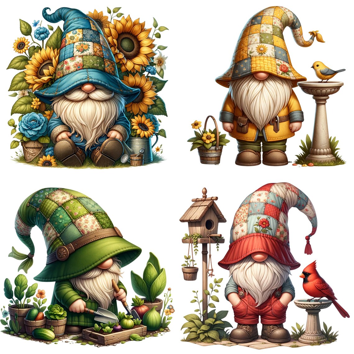 Garden Gnomes Clipart Bundle, 12 PNG Watercolor Spring Garden Clipart ...