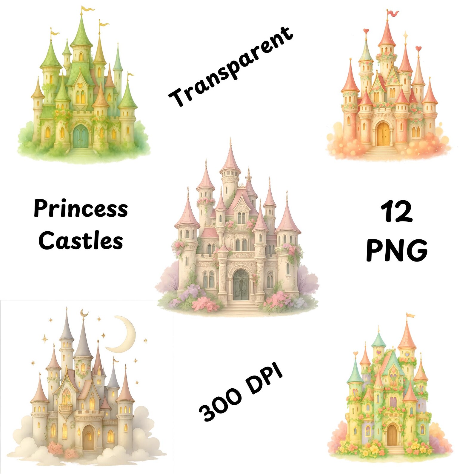 Princess Castle Clipart Bundle – 12 Romantic Fairytale Castles PNG ...