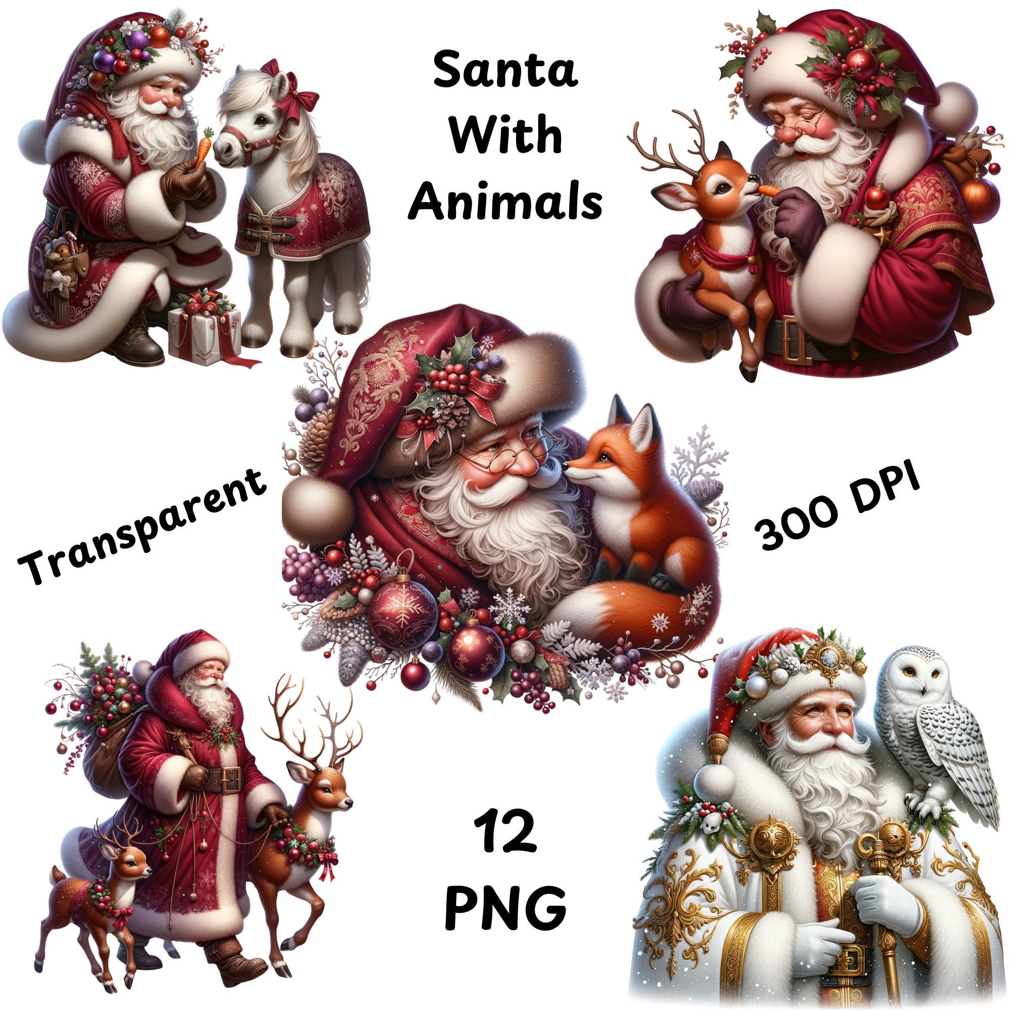 Santa Clipart | Festive Santa Animal Clipart Bundle | 12 High-quality ...
