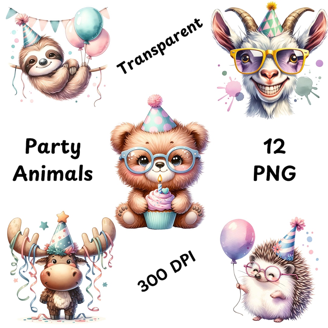 Party Animal Clipart Bundle – Cute Watercolor Birthday Animals With ...