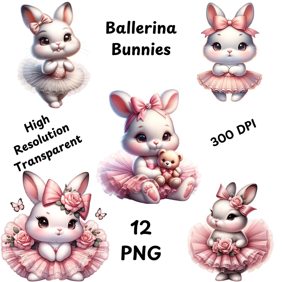 Watercolor Ballerina Bunny Clipart Bundle, 12 PNG Cute Bunny Clipart ...