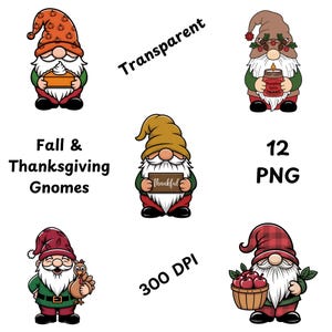 Thanksgiving Gnome Clipart PNG Bundle | 12 Fall Gnomes With Pie, Turkey ...