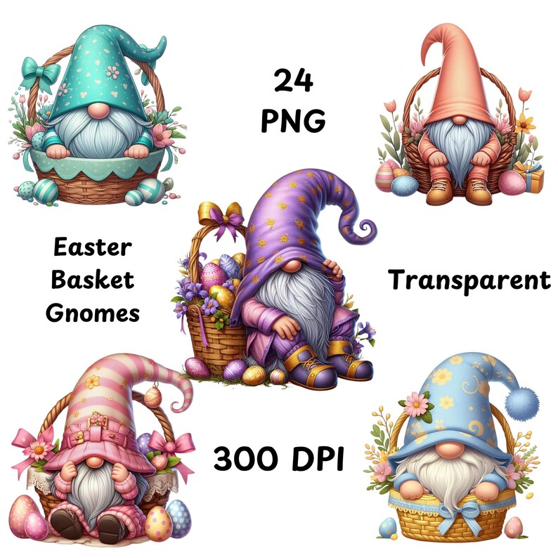 Easter Basket Gnomes 24 PNG Clipart Bundle, Cute Spring Flower Easter ...