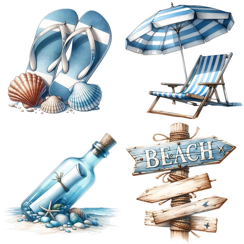Watercolor Nautical Clipart Bundle, 18 PNG Beach Clipart, Ocean Clipart ...