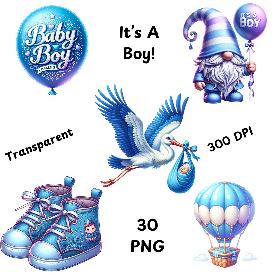 It's a Boy Clipart, 30 PNG Boy Babyshower Clipart Bundle, It's a Boy ...