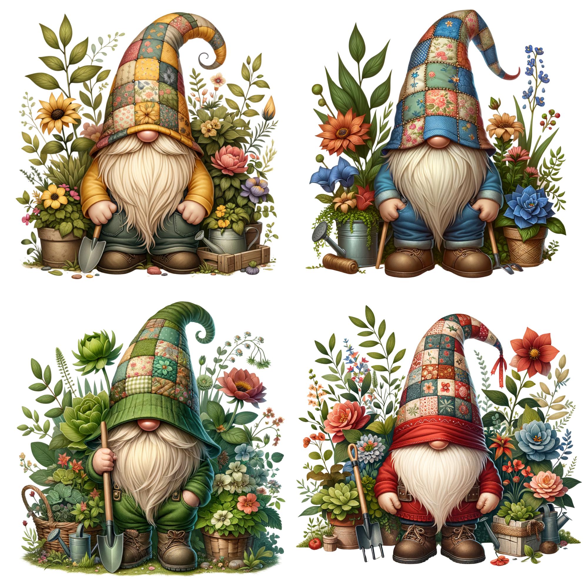 Garden Gnomes Clipart Bundle, 12 PNG Watercolor Spring Garden Clipart ...
