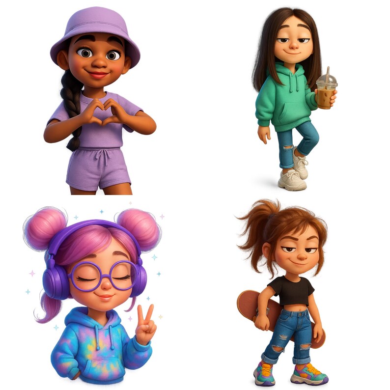 Cool Girl Vibes Clipart Bundle | 12 Trendy Tween Girl Pngs | Cartoon ...