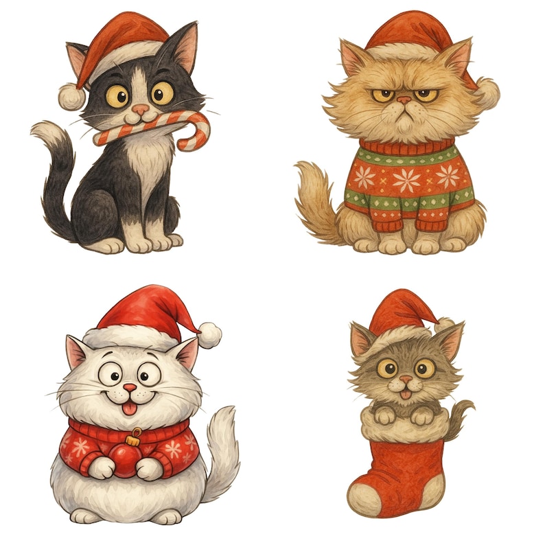 Quirky Christmas Cats Clipart | 12 Funny Cat Pngs in Santa Hats | Cute ...