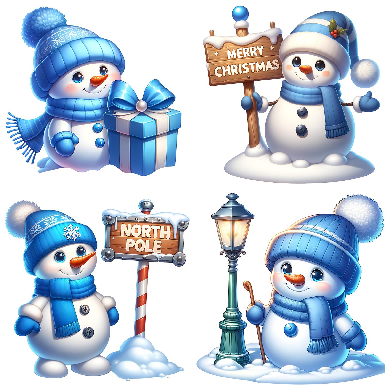 Watercolor Blue Snowman Clipart Bundle, 24 PNG Festive Snowman Clipart ...
