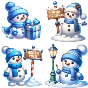 Watercolor Blue Snowman Clipart Bundle, 24 PNG Festive Snowman Clipart ...