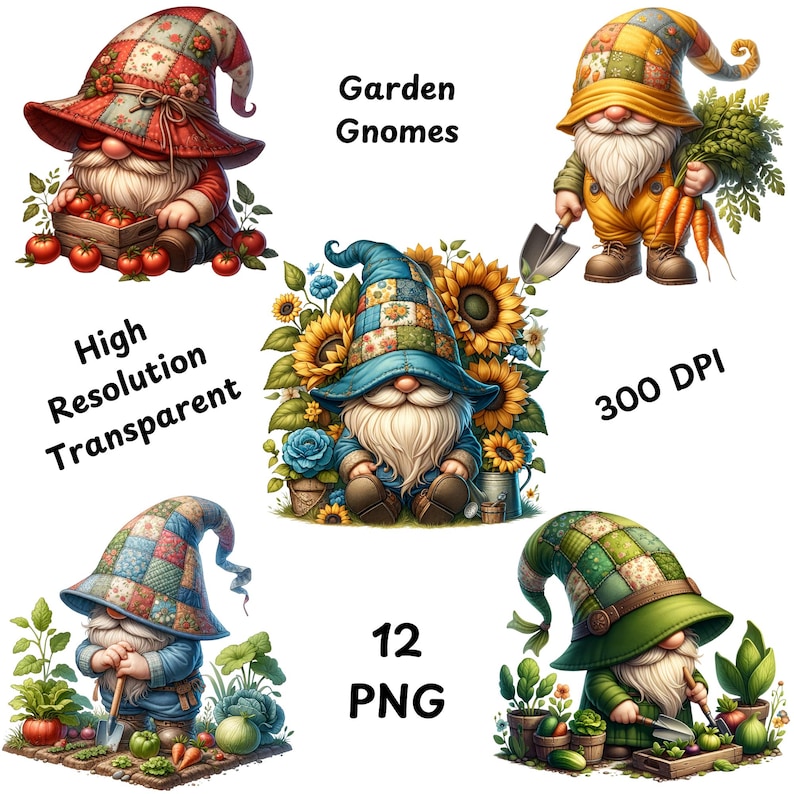 Garden Gnomes Clipart Bundle, 12 PNG Watercolor Spring Garden Clipart ...