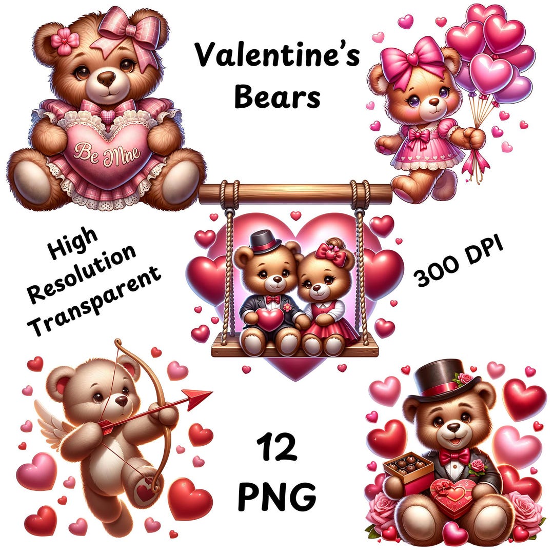 Watercolor Valentines Teddy Bear Clipart Bundle, 12 PNG Valentines Day ...