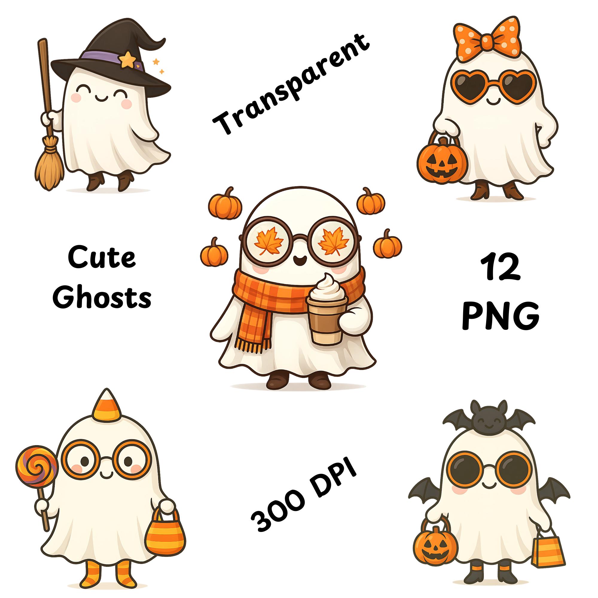 Cute Halloween Ghost Clipart | 12 PNG Bundle With Transparent ...
