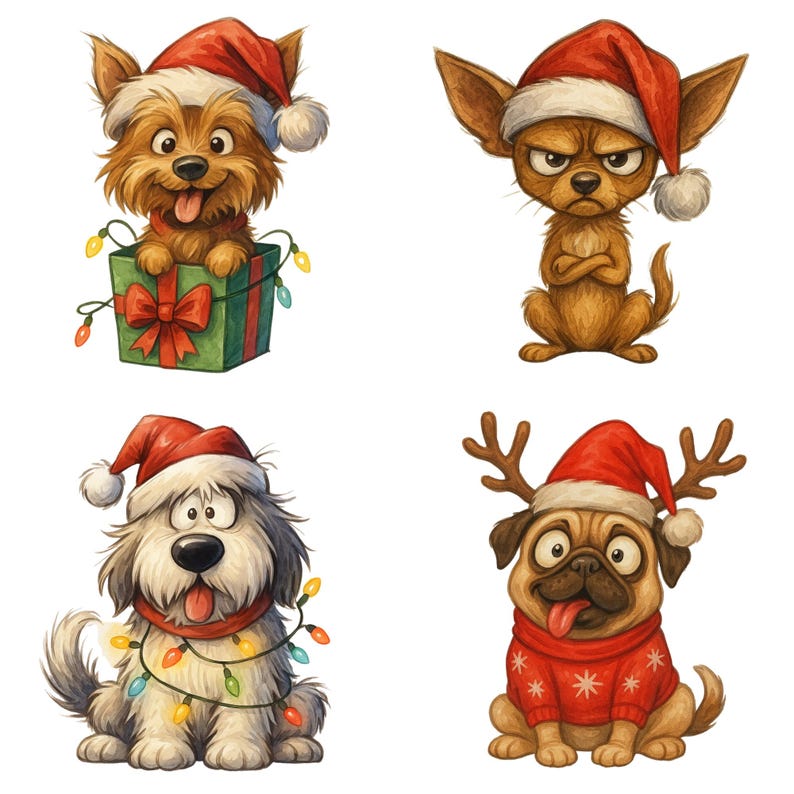 Quirky Christmas Dogs Clipart Bundle | 12 Funny Dog Pngs With Santa ...
