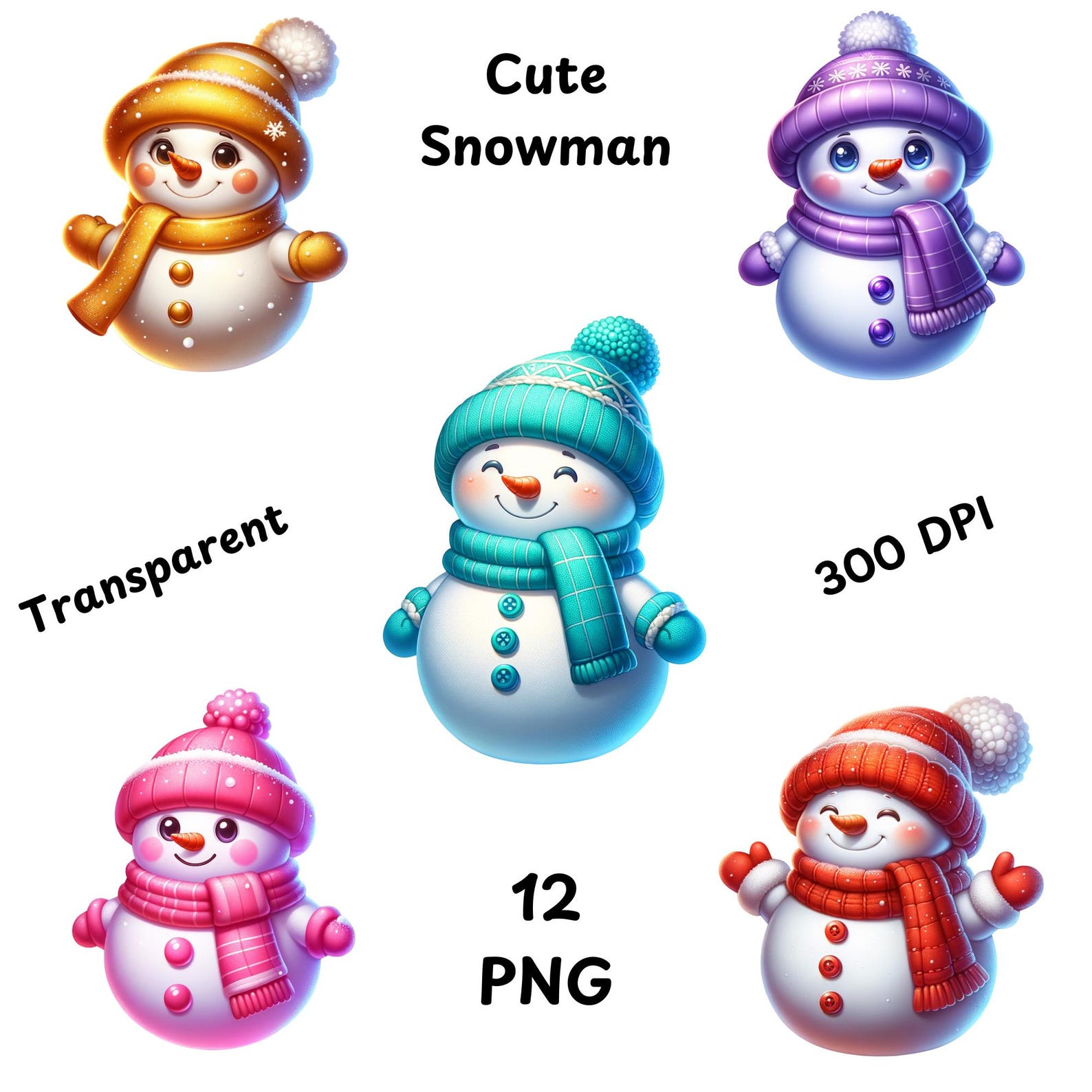 Snowman Clipart, Cute Snowman Clipart Bundle 12 Png, for Card Making ...