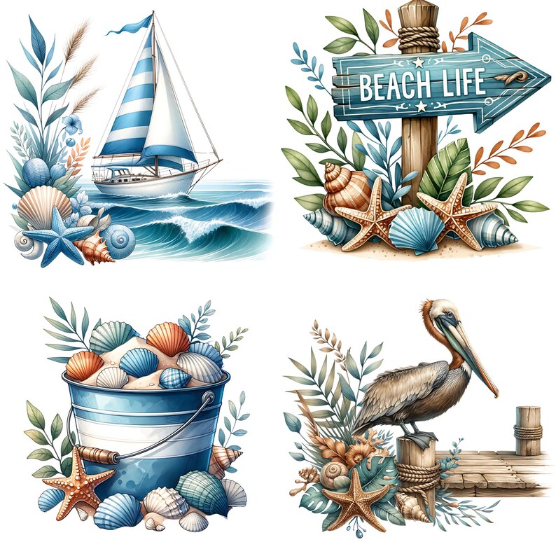 Coastal Clipart PNG Bundle Beach Vacation Graphics Nautical PNG Summer ...