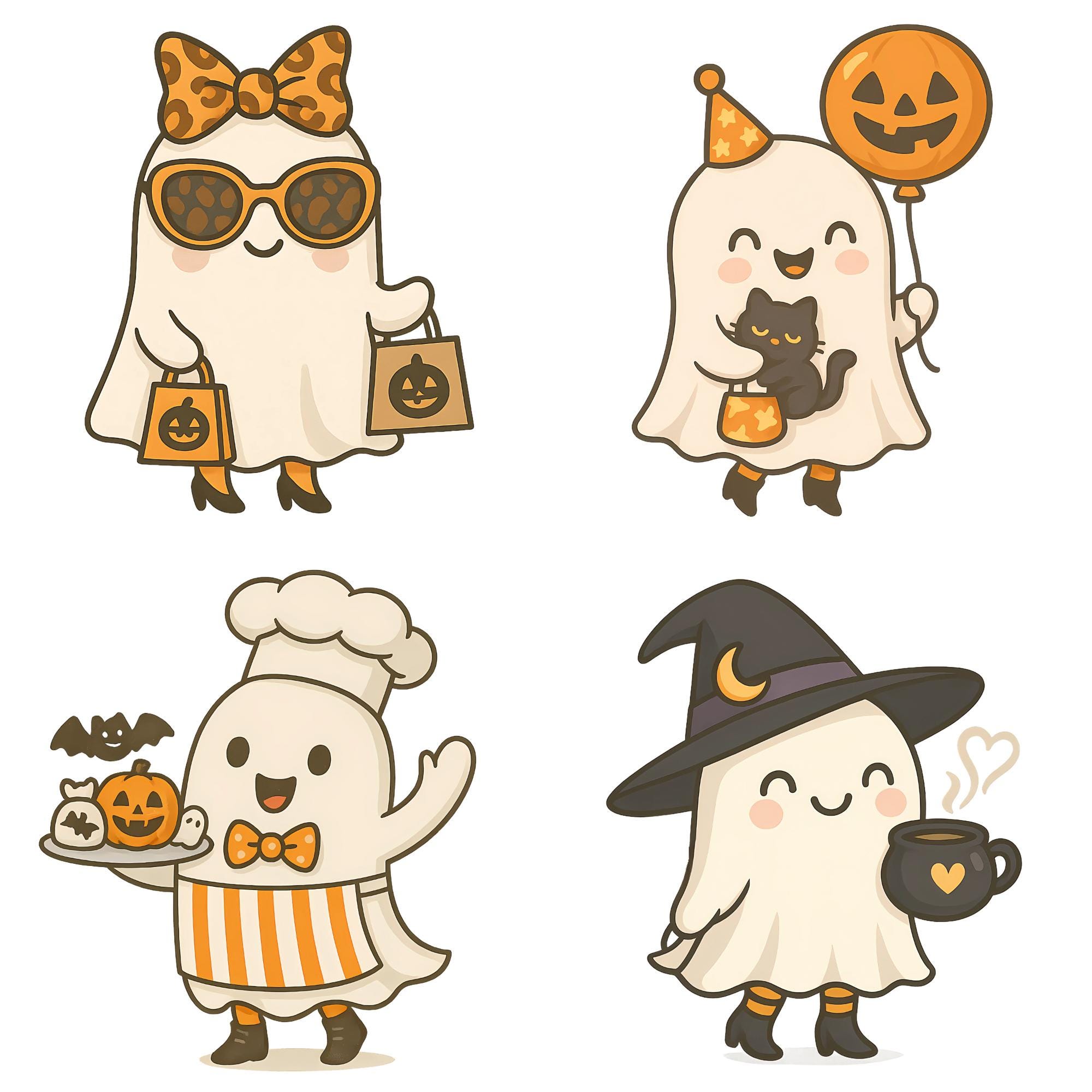 Cute Halloween Ghost Clipart | 12 PNG Bundle With Transparent ...