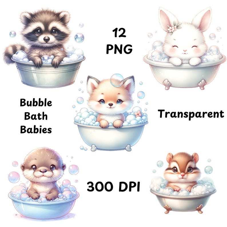 Cute Baby Animals in Bathtub, 12 Bubble Bath Clipart PNG, Nursery Wall ...