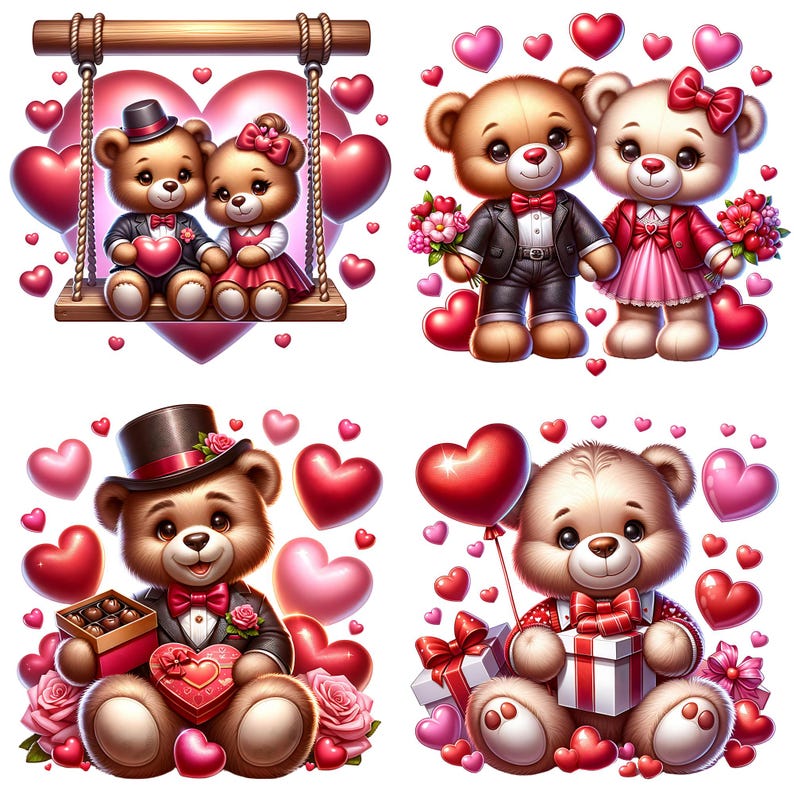 Watercolor Valentines Teddy Bear Clipart Bundle, 12 PNG Valentines Day ...