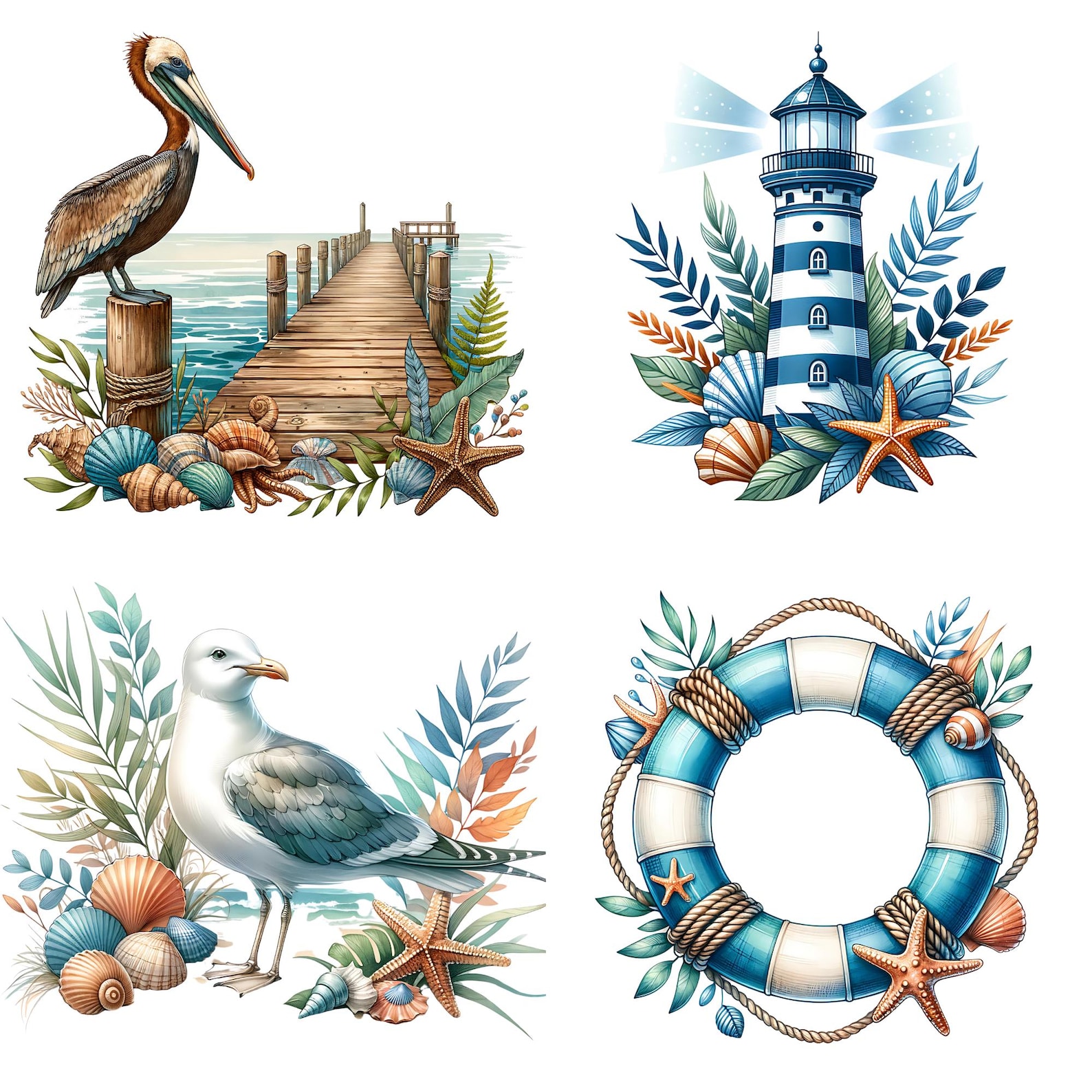 Watercolor Nautical Clipart Bundle, 18 PNG Beach Clipart, Ocean Clipart ...