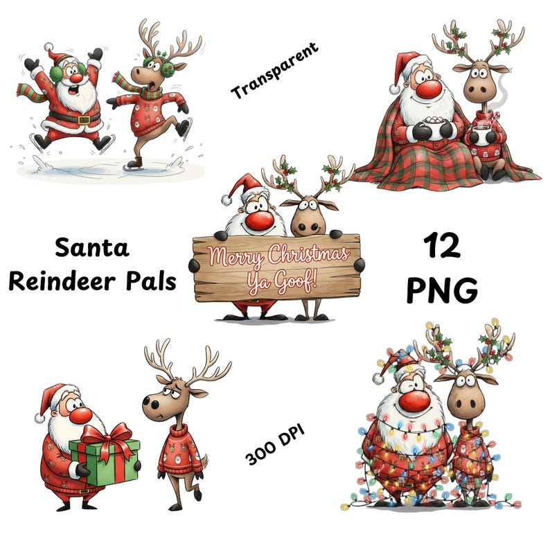 Santa Reindeer Clipart Bundle | 12 Funny Christmas Cartoon Pngs | Santa ...