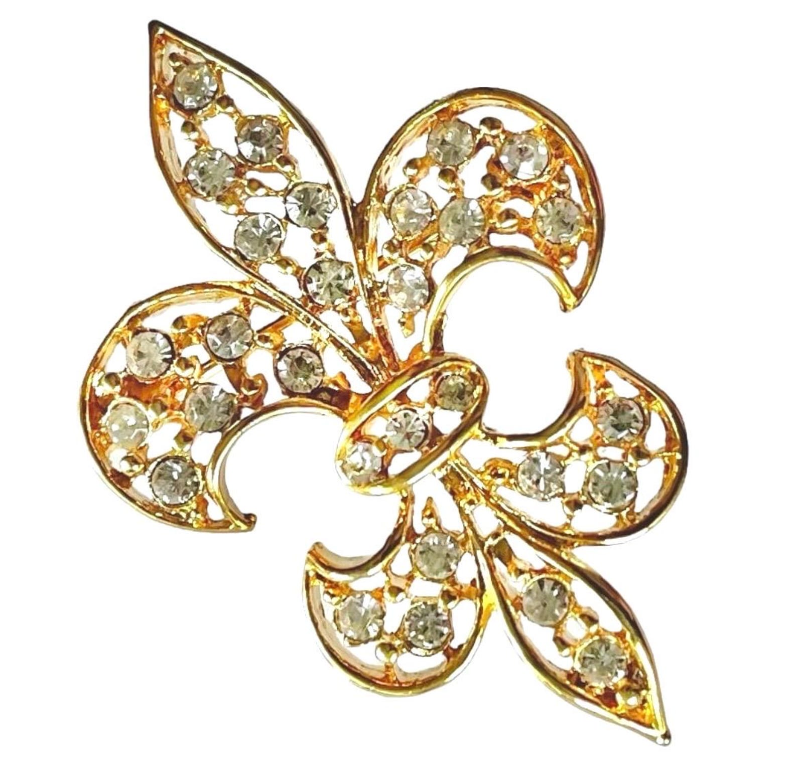 Vintage Fleur De Lis Rhinestone Crest Gold Tone Statement Pin Brooch 1. ...