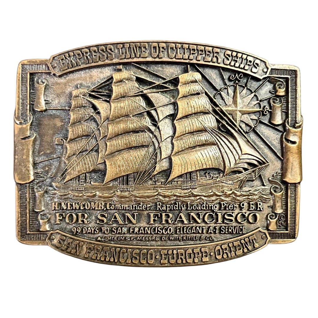 Vintage Large Solid Brass Belt Buckle Sailing Ship San Francisco Hand ...