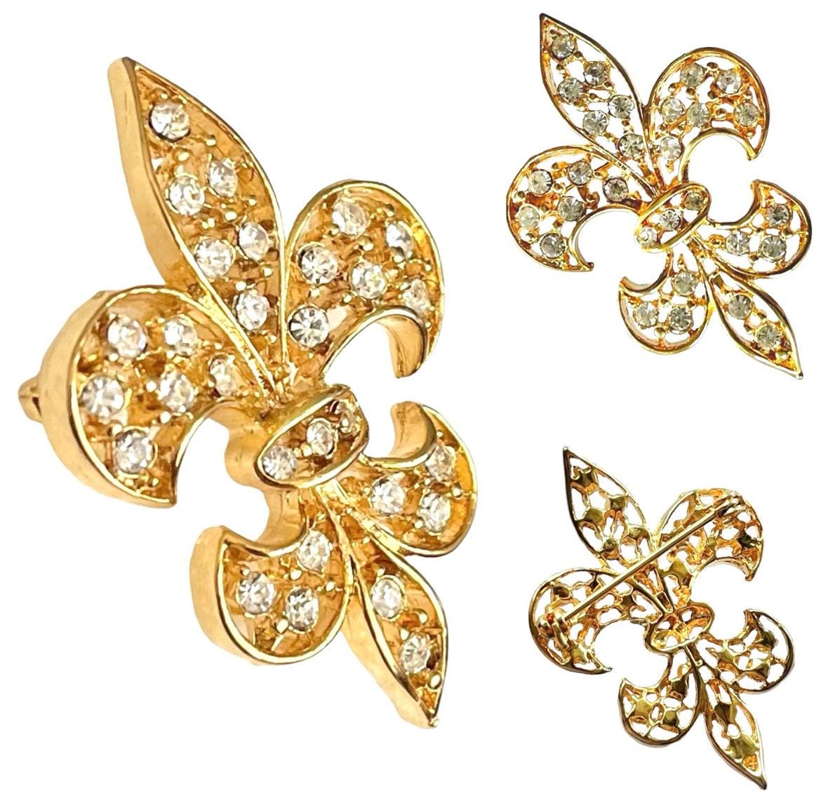 Vintage Fleur De Lis Rhinestone Crest Gold Tone Statement Pin Brooch 1. ...