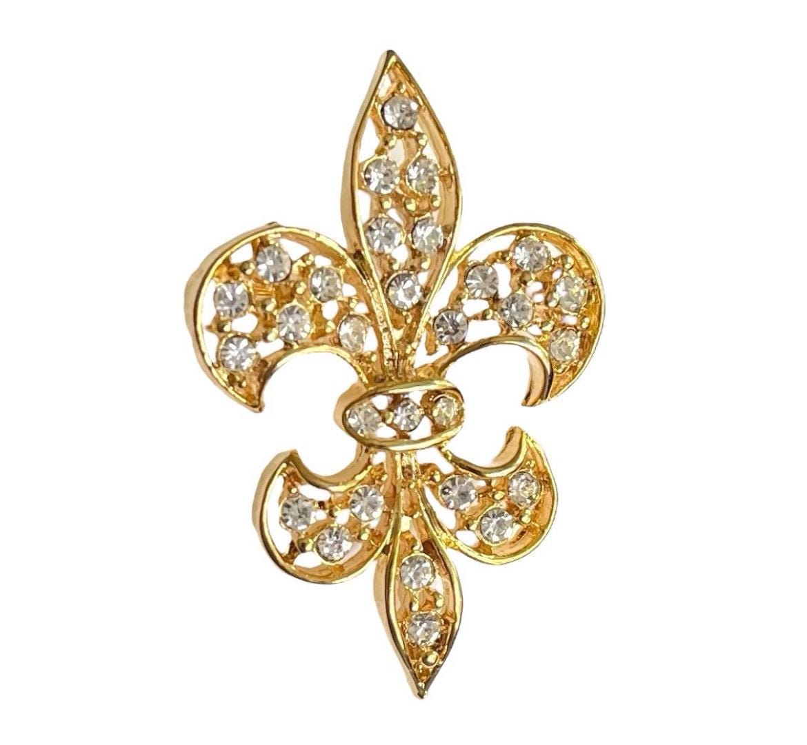 Vintage Fleur De Lis Rhinestone Crest Gold Tone Statement Pin Brooch 1. ...