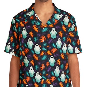 Hawaiian Aloha Shirt, Ghost Pattern, Cute Cartoon Design Teal & Orange ...