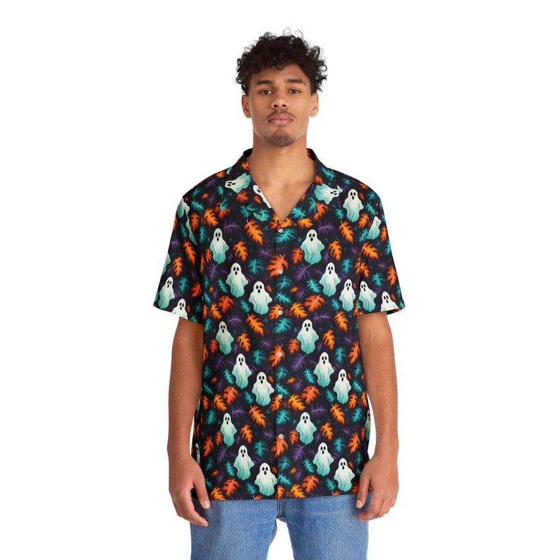 Hawaiian Aloha Shirt, Ghost Pattern, Cute Cartoon Design Teal & Orange ...