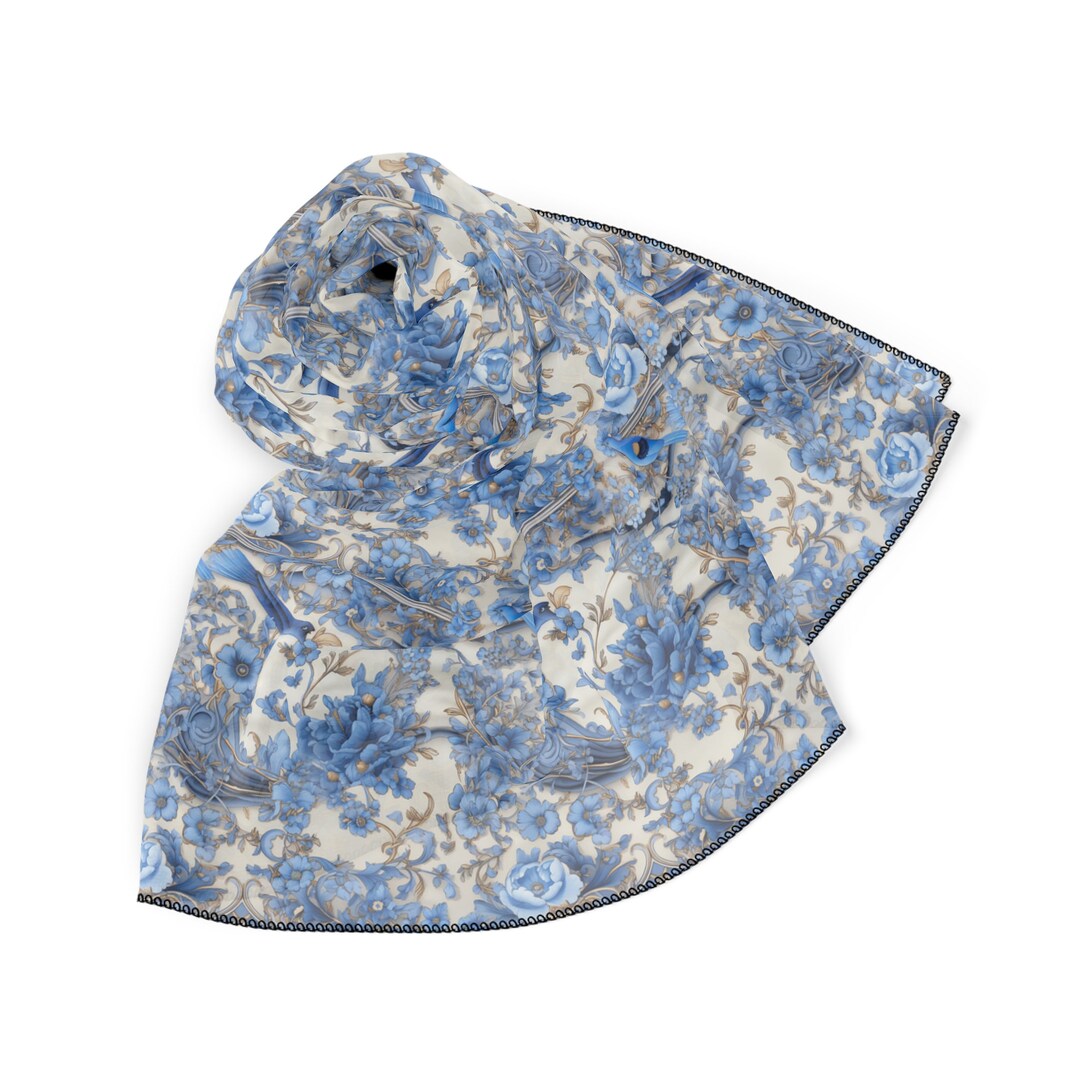Porcelain Elegance Scarf, Blue and White, Luxurious Poly Chiffon ...