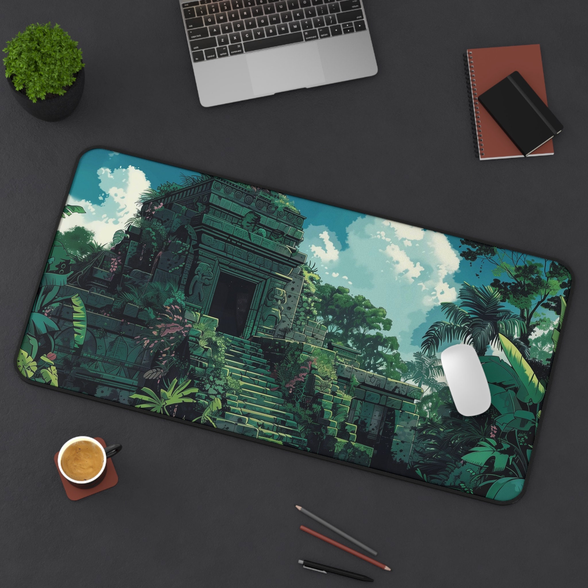 Anime-style Mayan Temple Desk Mat, Vibrant Jungle Illustration, Digital ...