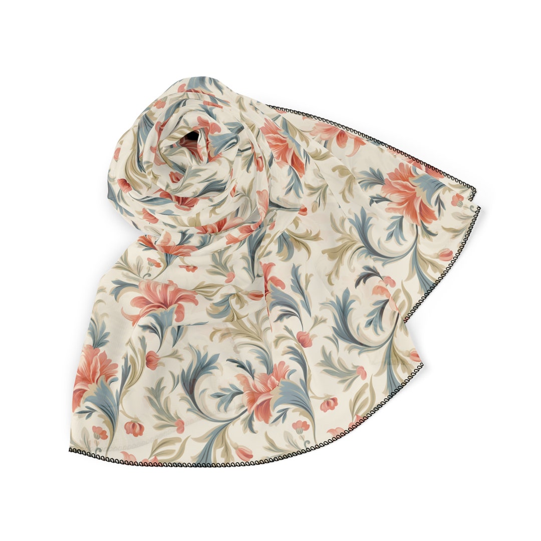 Rococo Floral Scarf, Vintage-style Pastel Pattern, Elegant Poly Chiffon ...