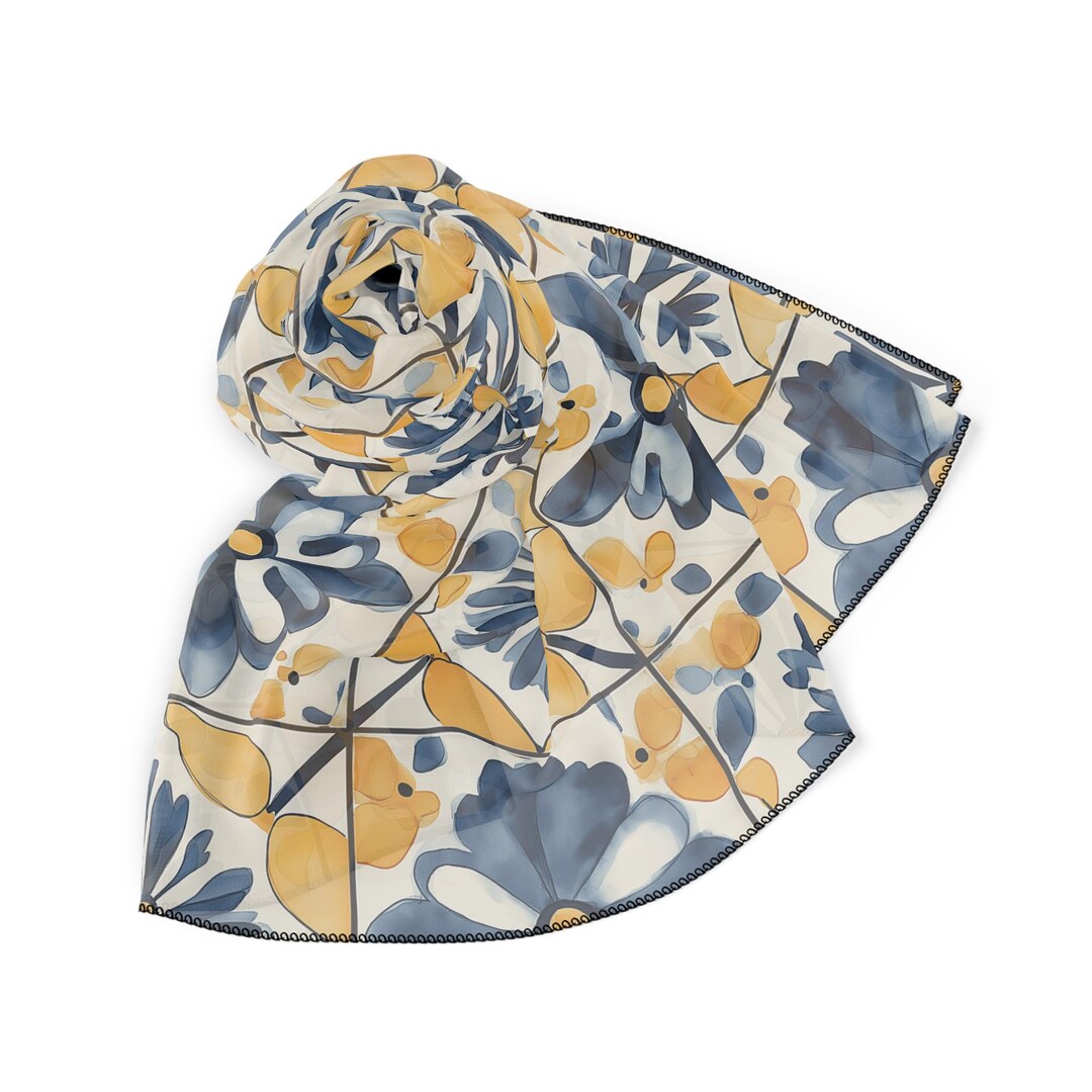Mediterranean Tile Inspired Chiffon Scarf, Artisanal Floral Design ...