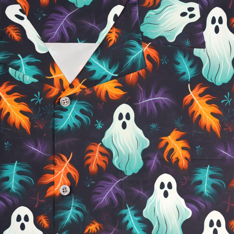 Hawaiian Aloha Shirt, Ghost Pattern, Cute Cartoon Design Teal & Orange ...