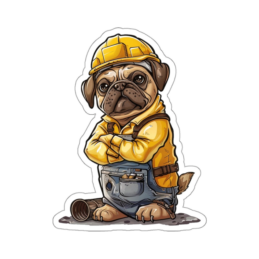 Hard-hat Hero Pug, Adorable Construction Worker Dog Sticker, Perfect ...