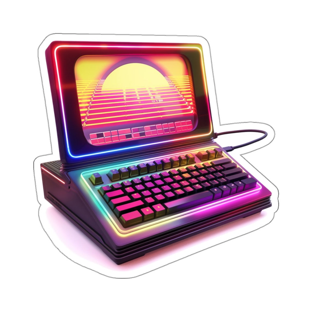 Neon Keys & Synthwave Sun, Retro Computer Keyboard Sticker, Perfect for ...
