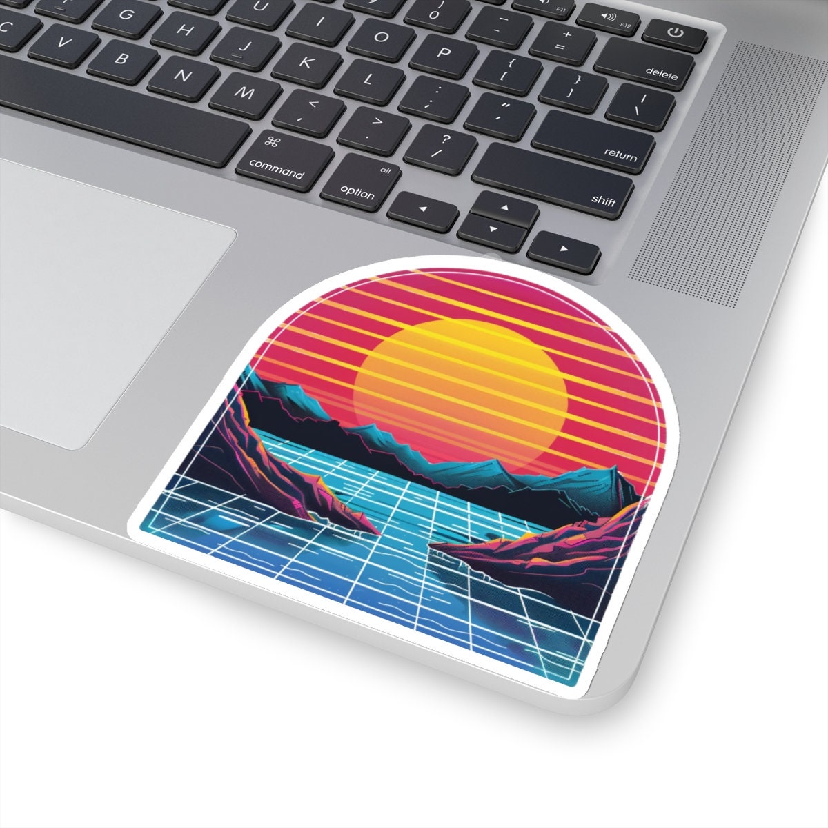 Retro 80s Grid Landscape Sticker, Gradient Rising Sun, Retrowave ...