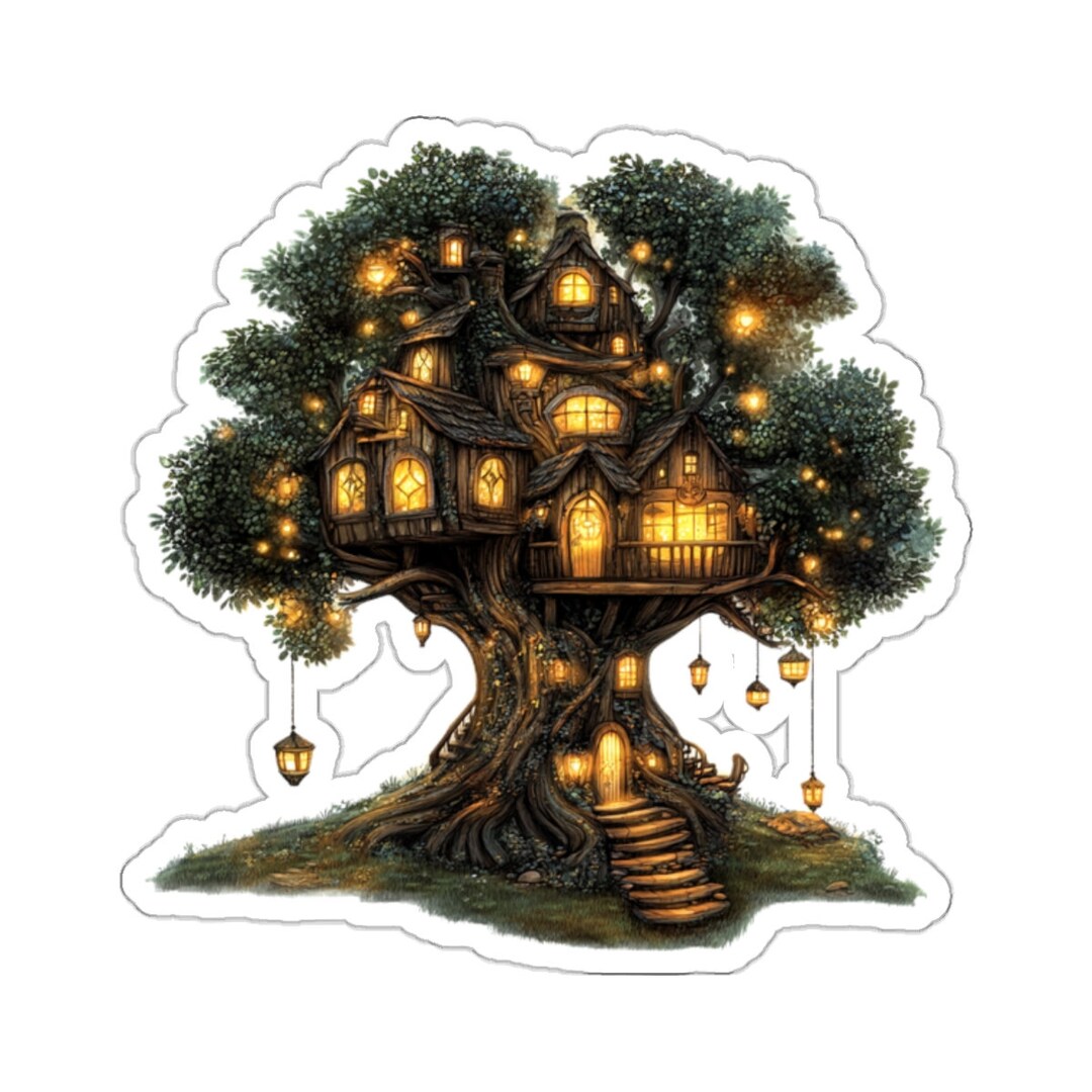 Enchanted Treehouse Sticker, Fantasy Oak Art, Glowing Lanterns Decor - Etsy