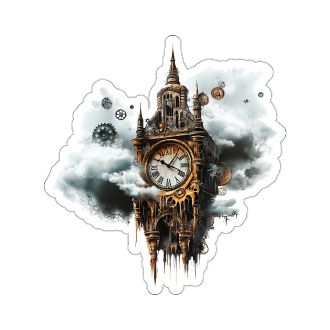 Time Warp Tower, Fantasy Clock Tower Sticker, Surreal Sky Gears, Hyper ...