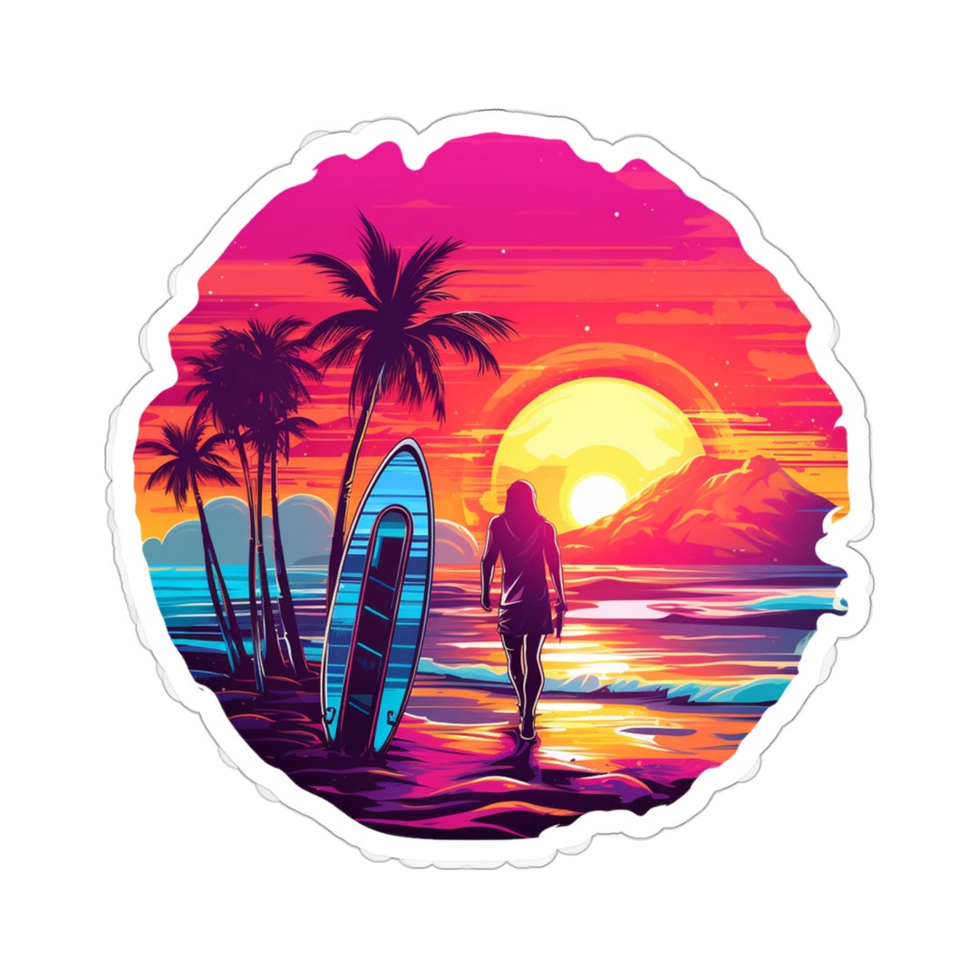 Retro Surfer Vibes, Retrowave Sticker, Sunset Beach Scene, Palm Trees ...