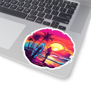 Retro Surfer Vibes, Retrowave Sticker, Sunset Beach Scene, Palm Trees ...