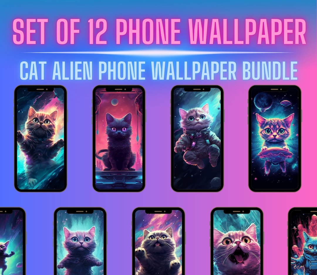 Cat Alien 12 Phone Wallpaper, Pack Bundle | Retro 70's Style | Cute ...
