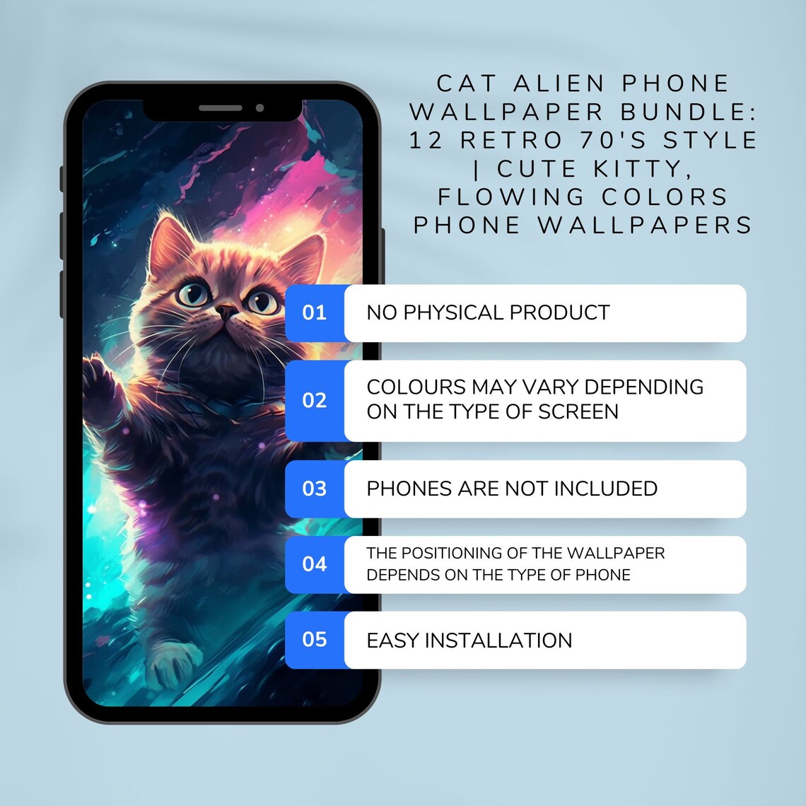 Cat Alien 12 Phone Wallpaper, Pack Bundle | Retro 70's Style | Cute Kitty, Flowing Colors - Etsy