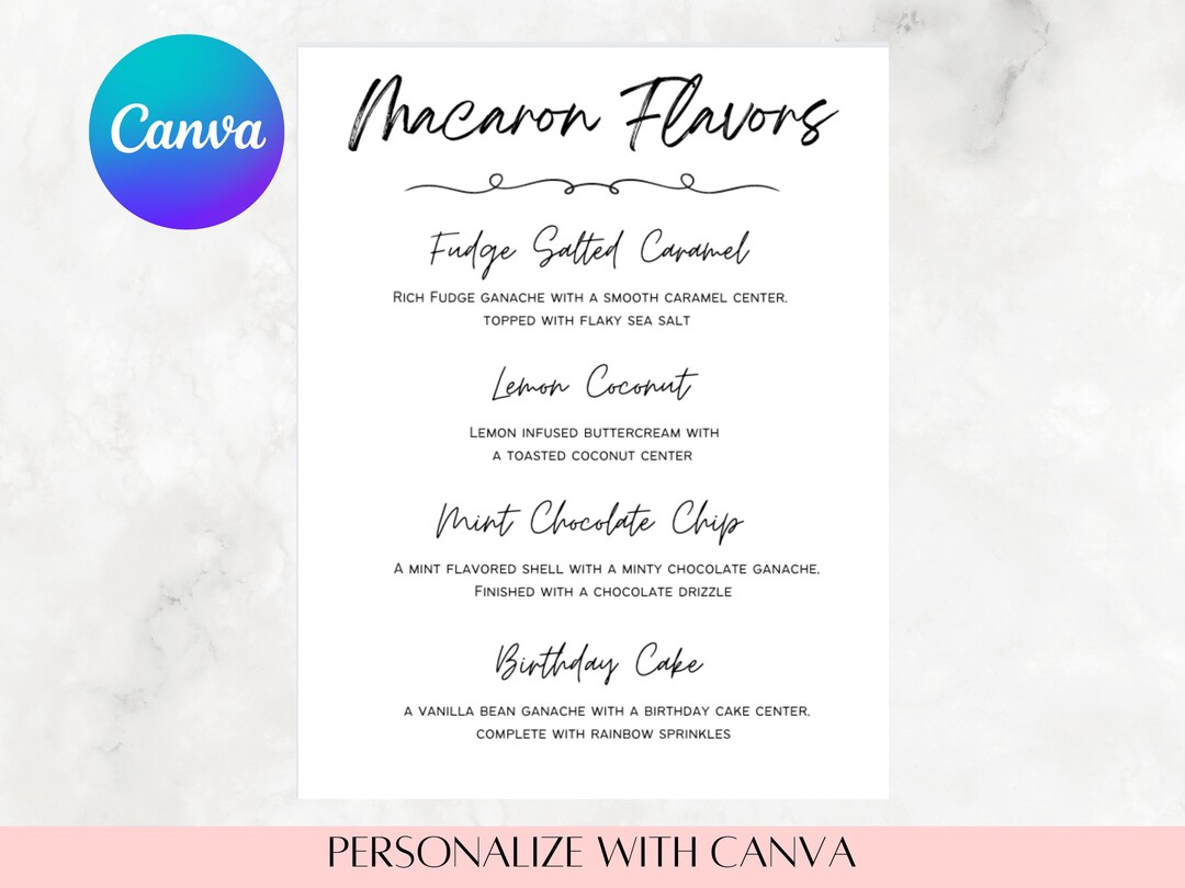 Macaron Flavor Menu Template, Macaron Flavor Guide, Flavor Card ...