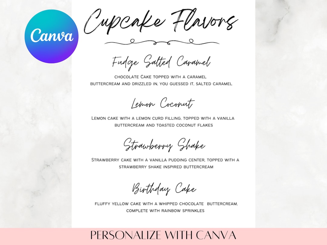 Cupcake Flavor Menu Template, Cupcake Flavor Guide, Canva, Bakery ...
