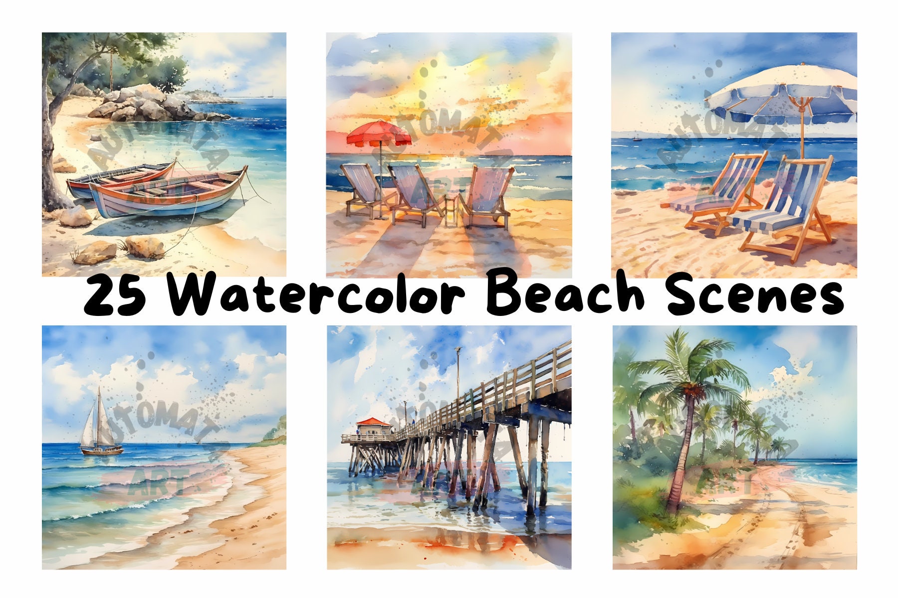 Watercolor Beach Scenes Clipart, High Quality Instant Download ...