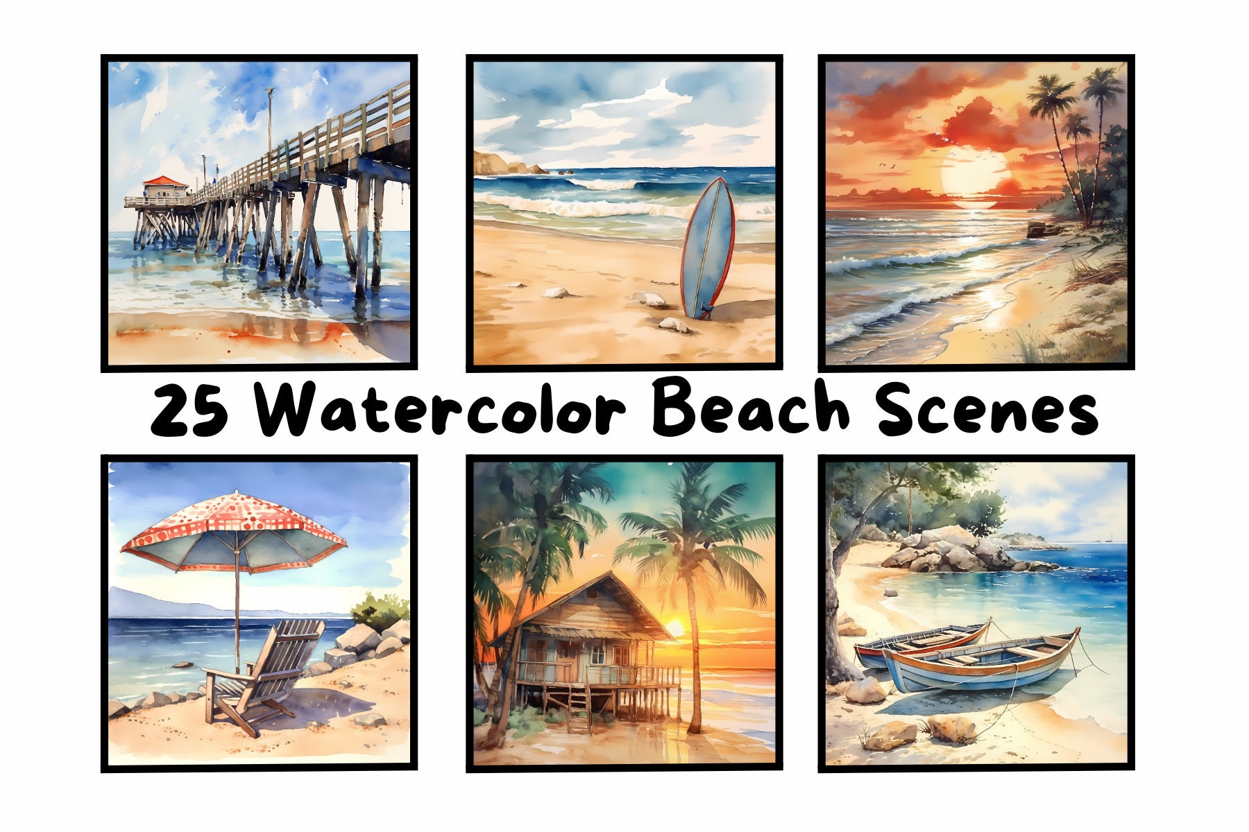 Watercolor Beach Scenes Clipart, High Quality Instant Download ...
